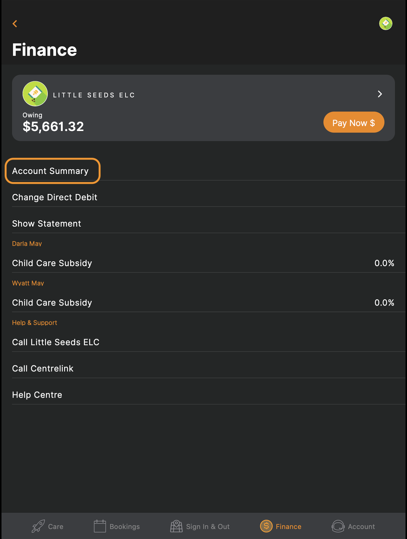 Home App: Account Summary